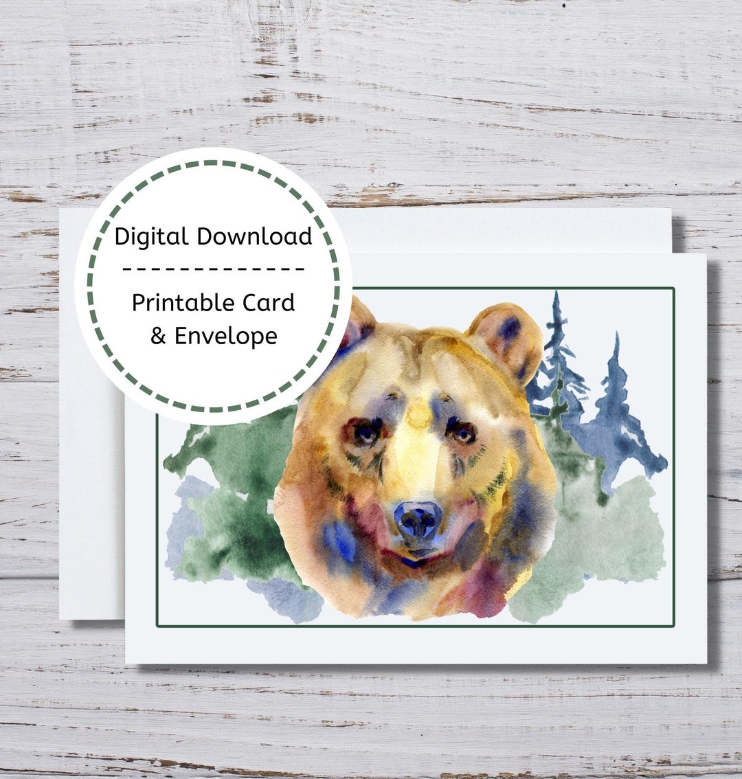 Bear Card, Printable Card, 5x7 Printable Greeting Card, Bear Notecard ...