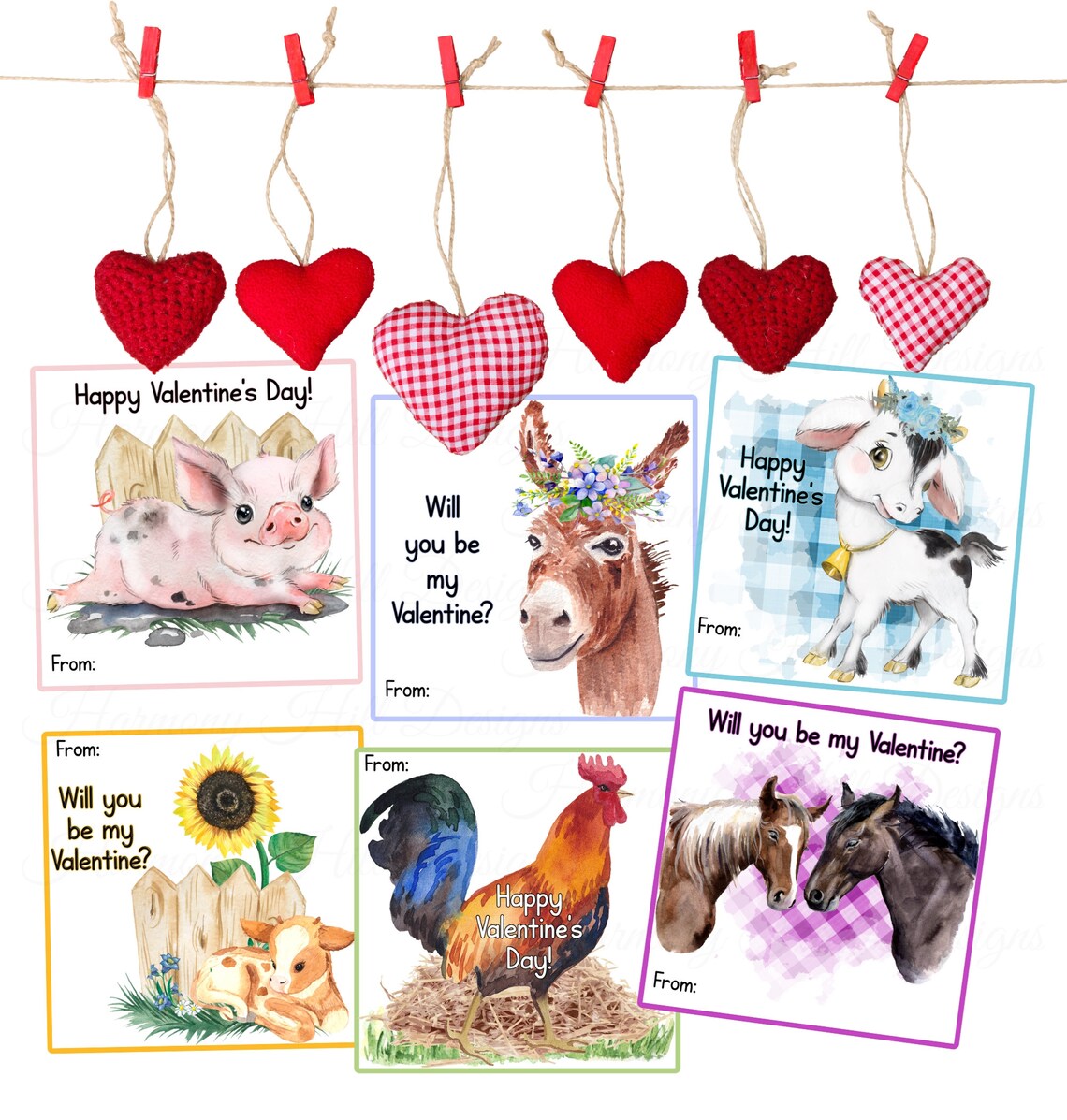 Farm Animal Valentine Cards Printable Farm Animal Valentines - Etsy