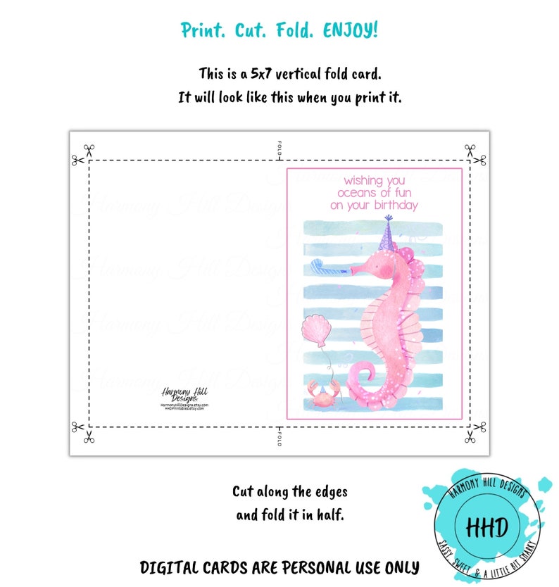 Ocean Birthday Card, Seahorse Birthday Card Printable, Kids Birthday ...