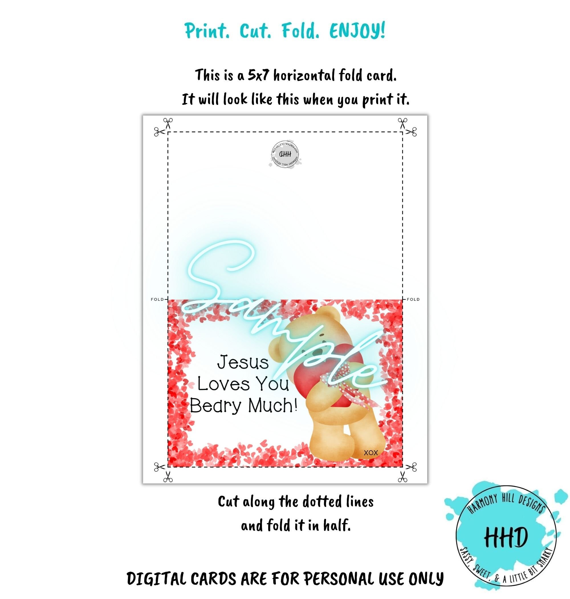 Bear Card, 5x7 Printable Card, Jesus Loves You Beary Much, Bear ...
