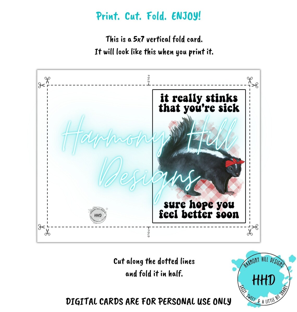 Skunk Card, Printable Card, Get Well Card, Stinks That You're Sick, Get ...