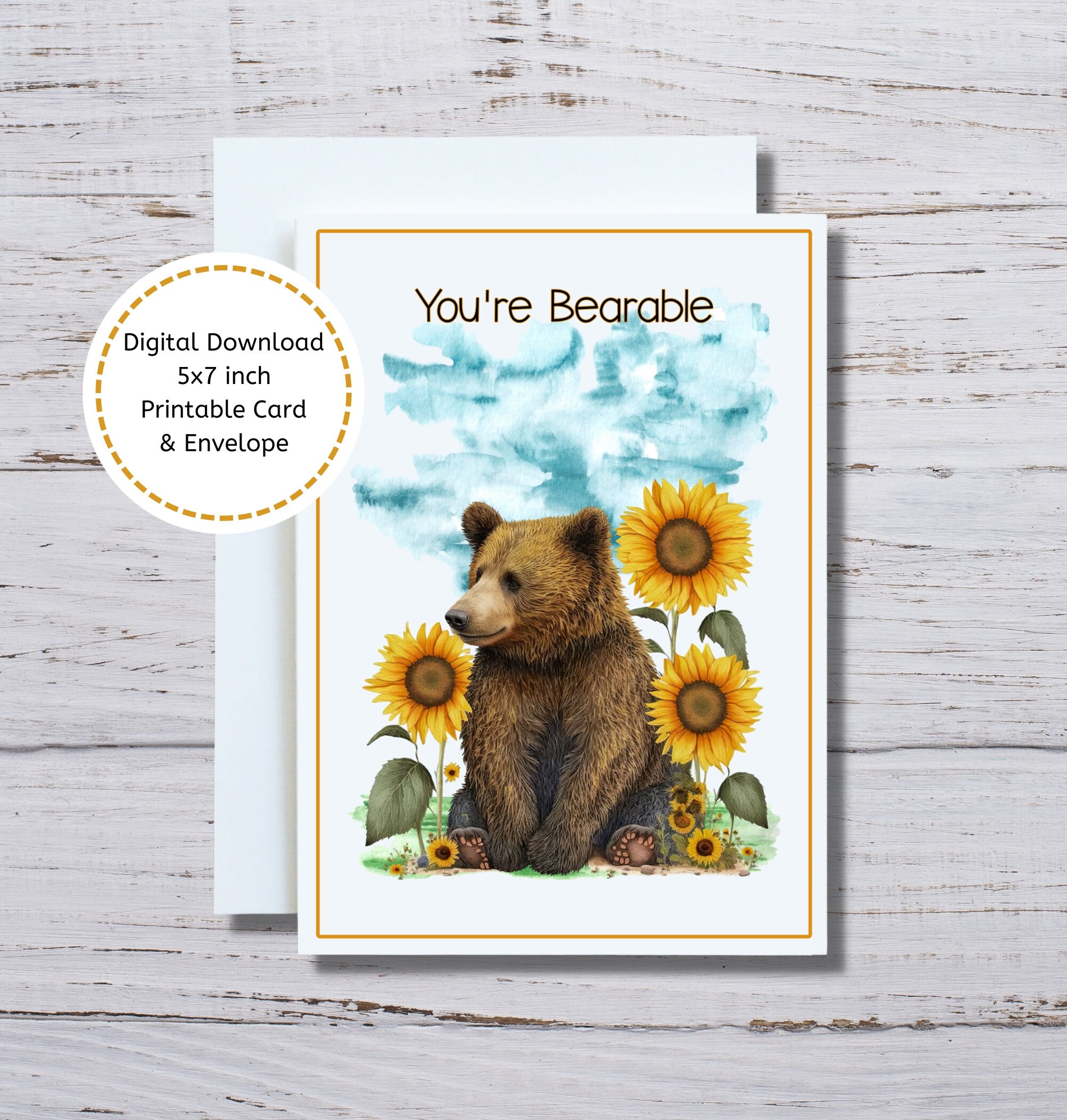Bear Card, Printable Bear Card, You're Bearable, Cute Bear Card, Brown ...