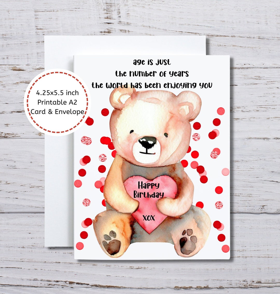 Bear Birthday Card, Brown Bear Card, Birthday Card to Print, for Her ...