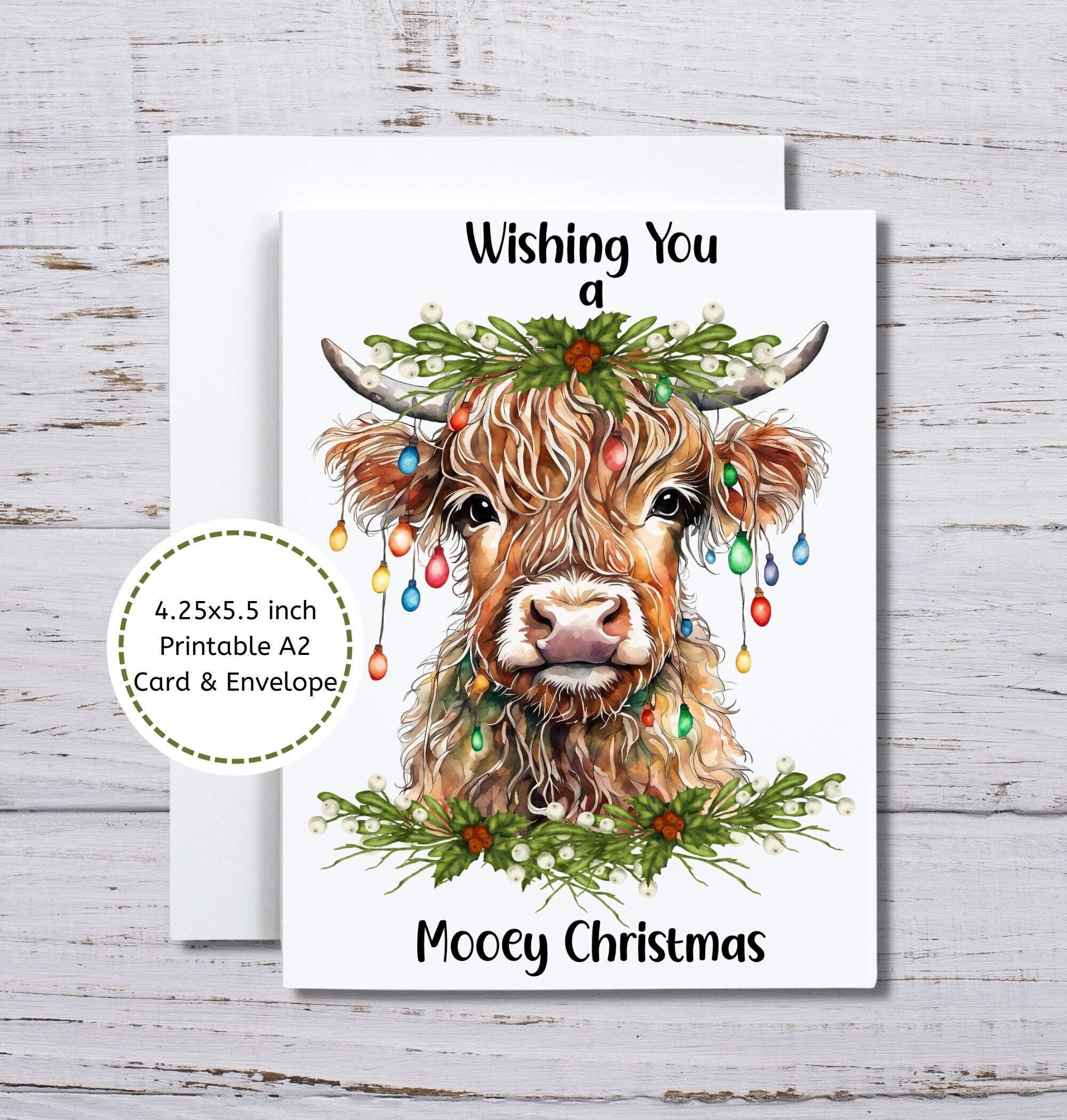 Highland Cow Christmas Card, Printable Cow Card, Wishing You a Mooey ...