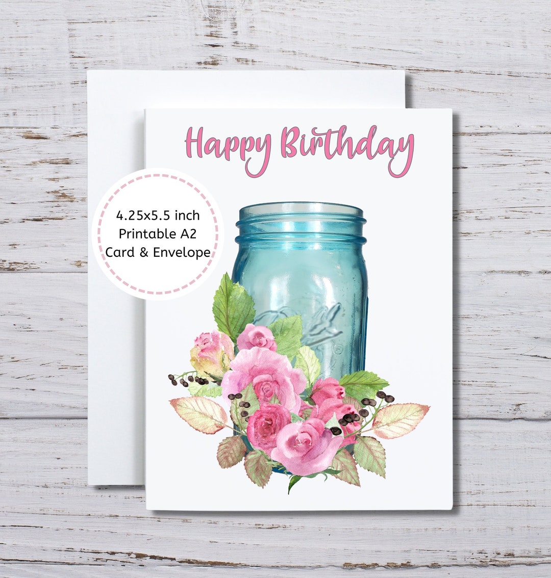 Mason Jar Birthday Card, Blue Jar Birthday, Printable Card, for Her ...