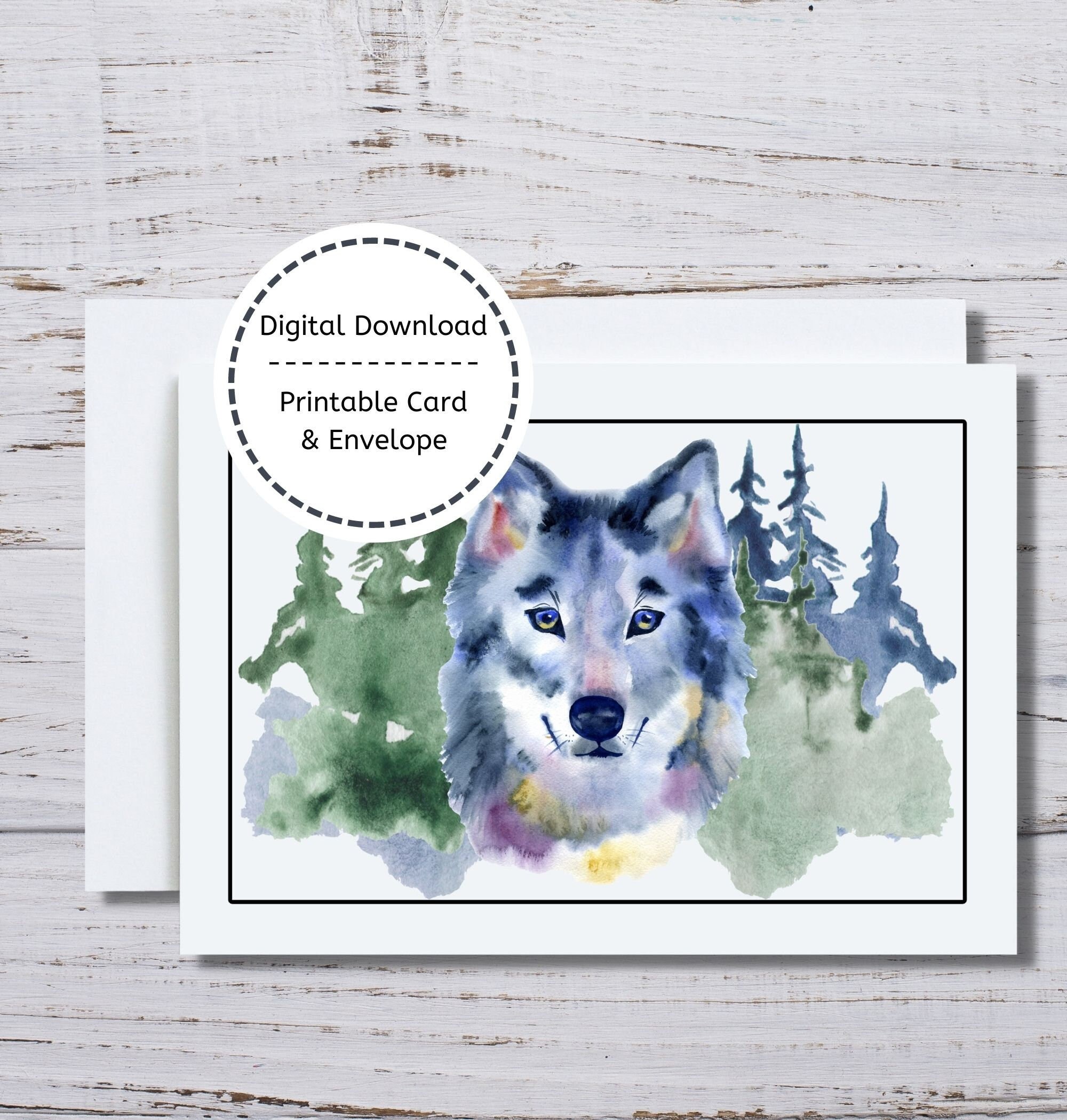 Wolf Card, Printable Card, 5x7 Printable Greeting Card, Wolf Notecard ...