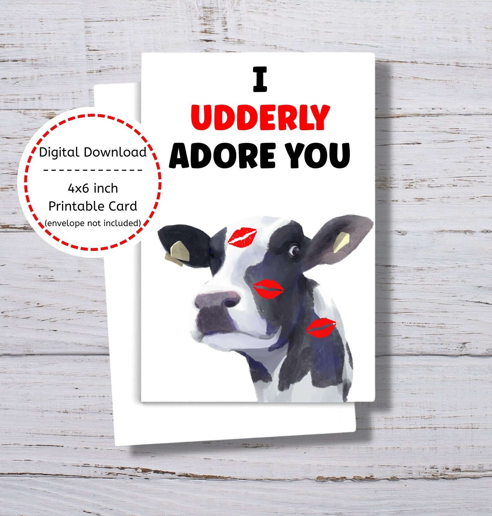 Cow Valentine, Printable Cow Valentine Card, I Udderly Adore You, Cow ...