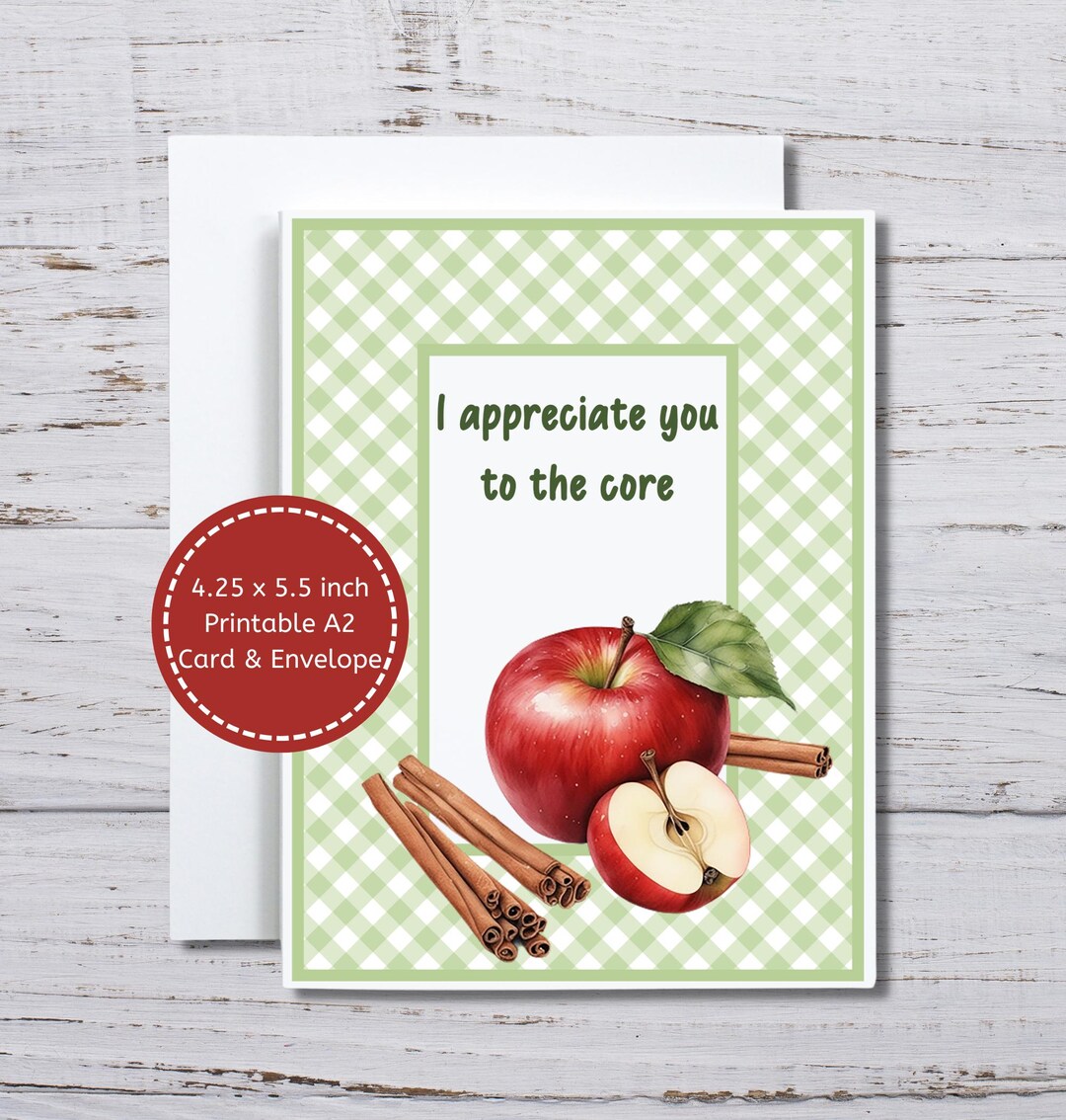 Apple Card, Printable Teacher Card, I Appreciate You to the Core ...
