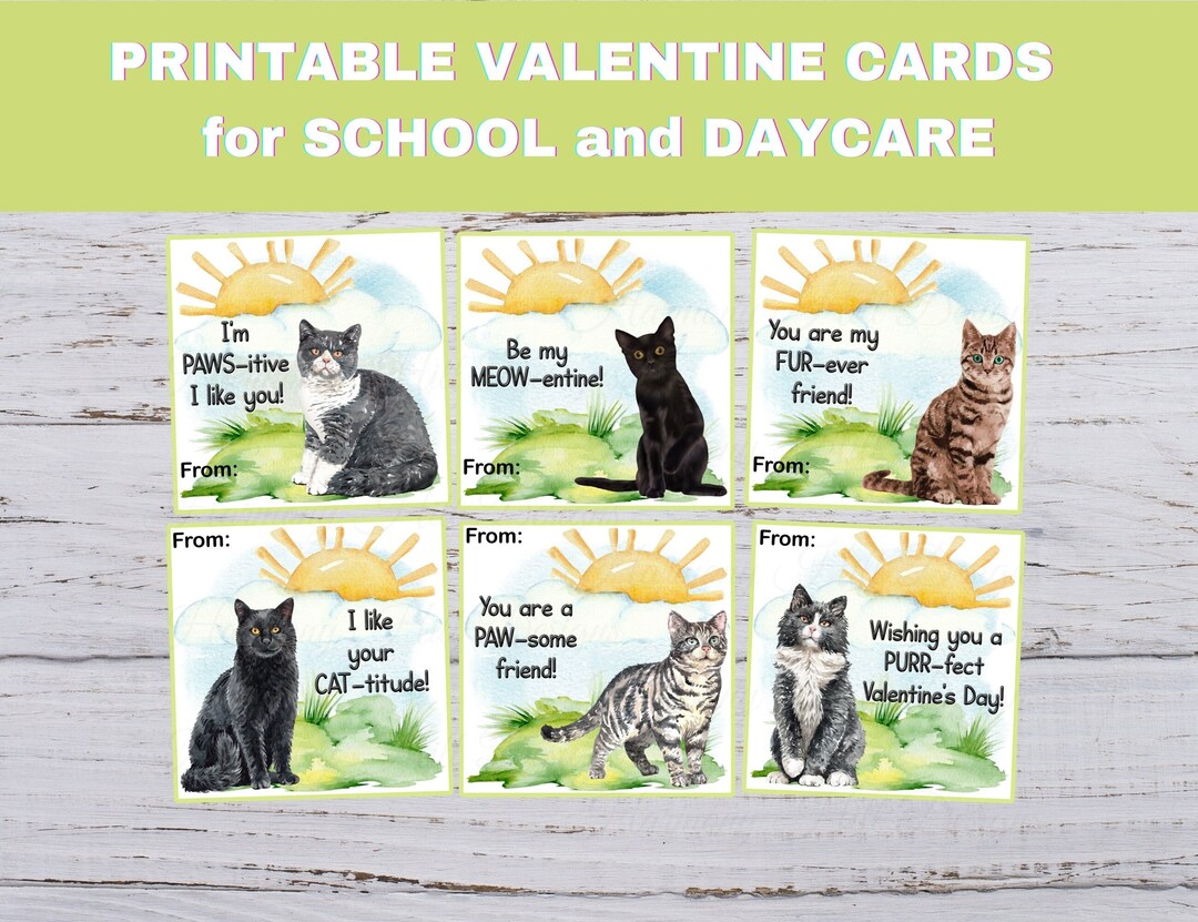 Printable Cat Valentines, Cat Valentine Cards for Kids, Printable ...