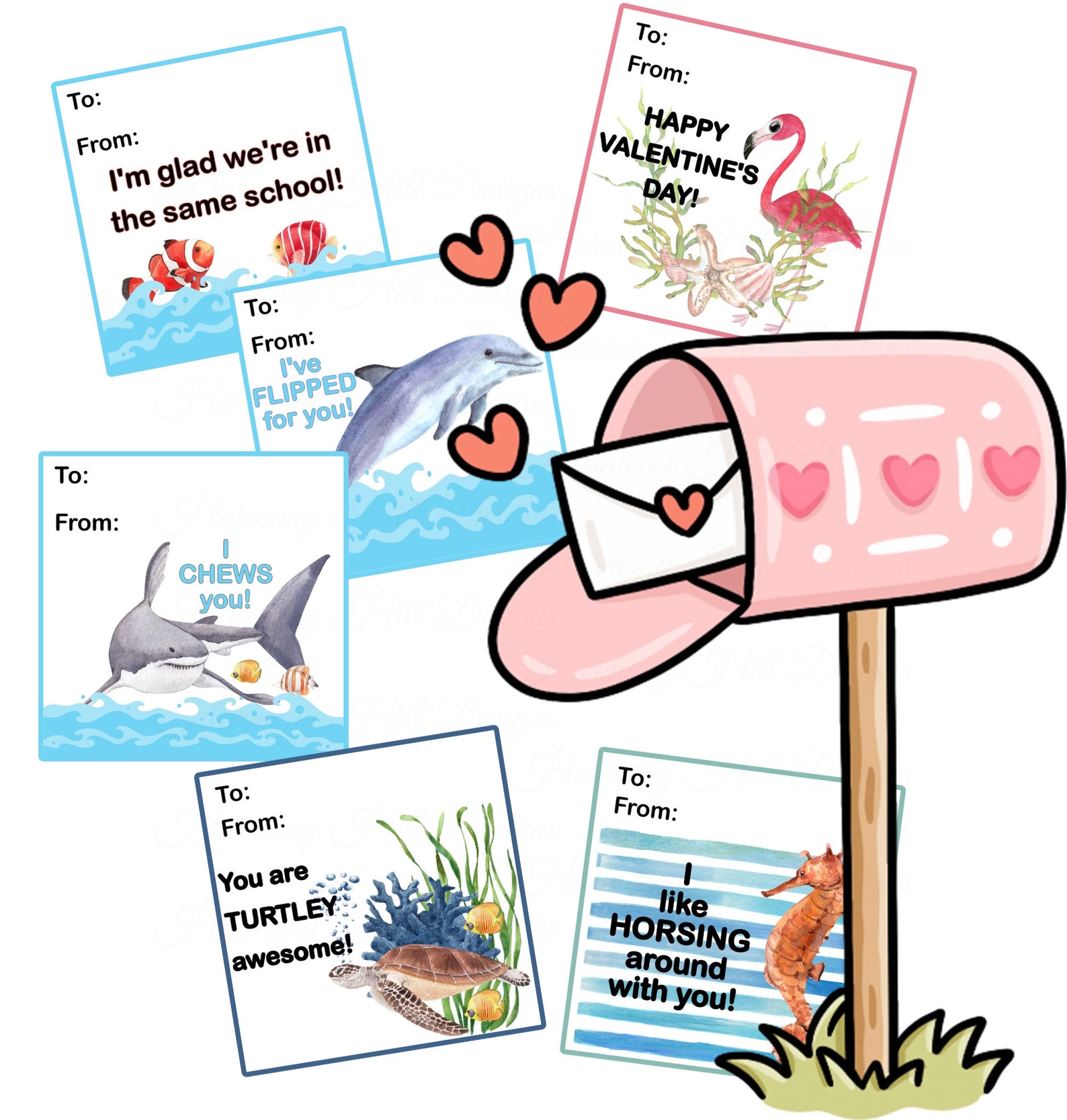 Ocean Valentine's Day Cards, Valentines for School, Printable Valentine ...