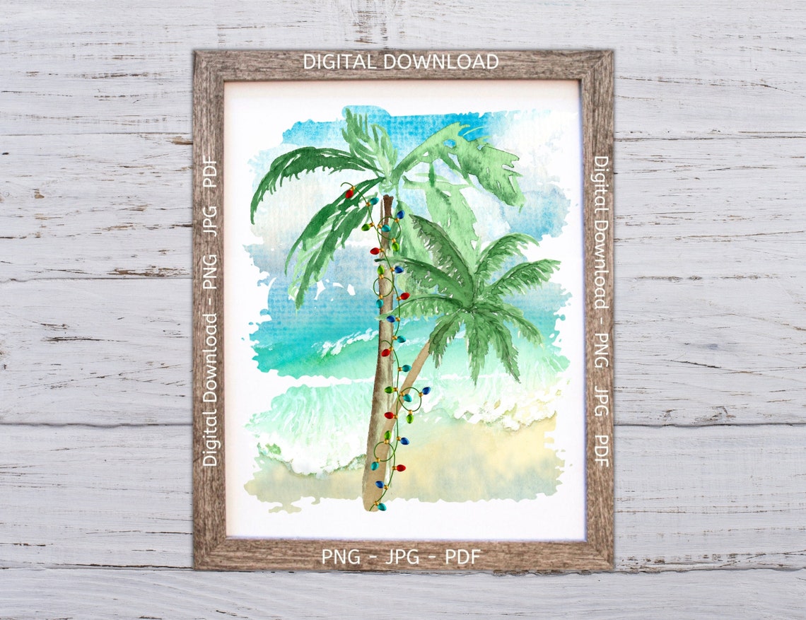 Christmas Palm Trees Print, Palm Trees With Christmas Lights, Beach ...