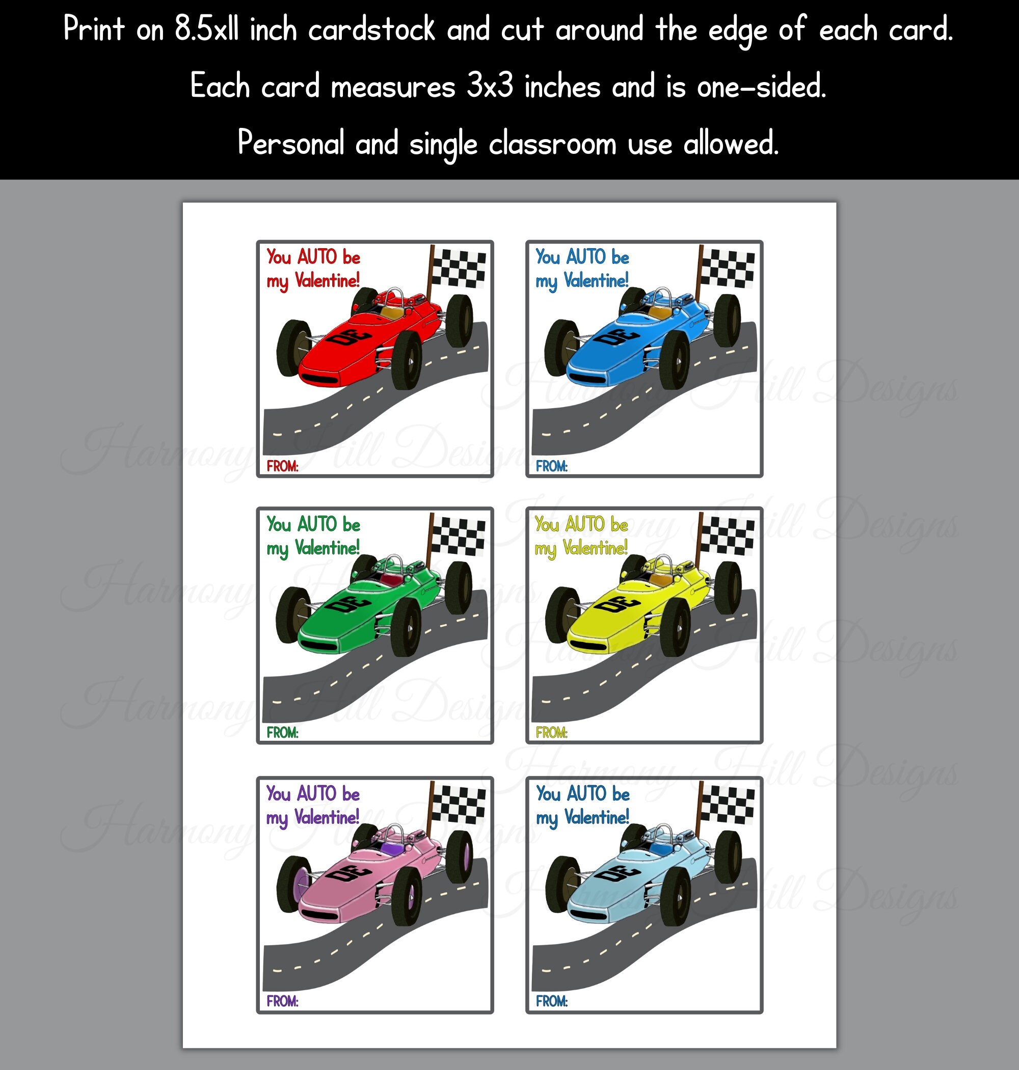 Race Car Valentines, Printable Valentine Cards for School, Classroom ...