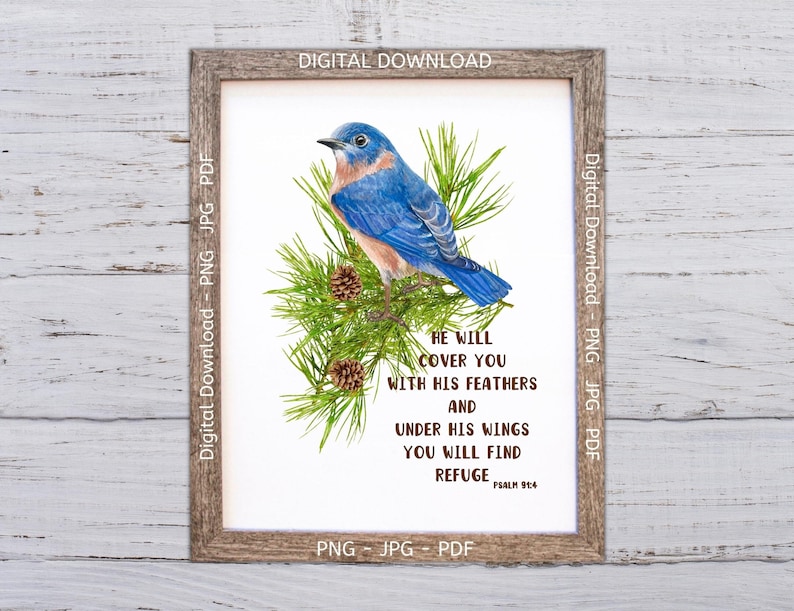Bluebird Printable, Psalm 91 Wall Art, Christian Decor, Christian ...
