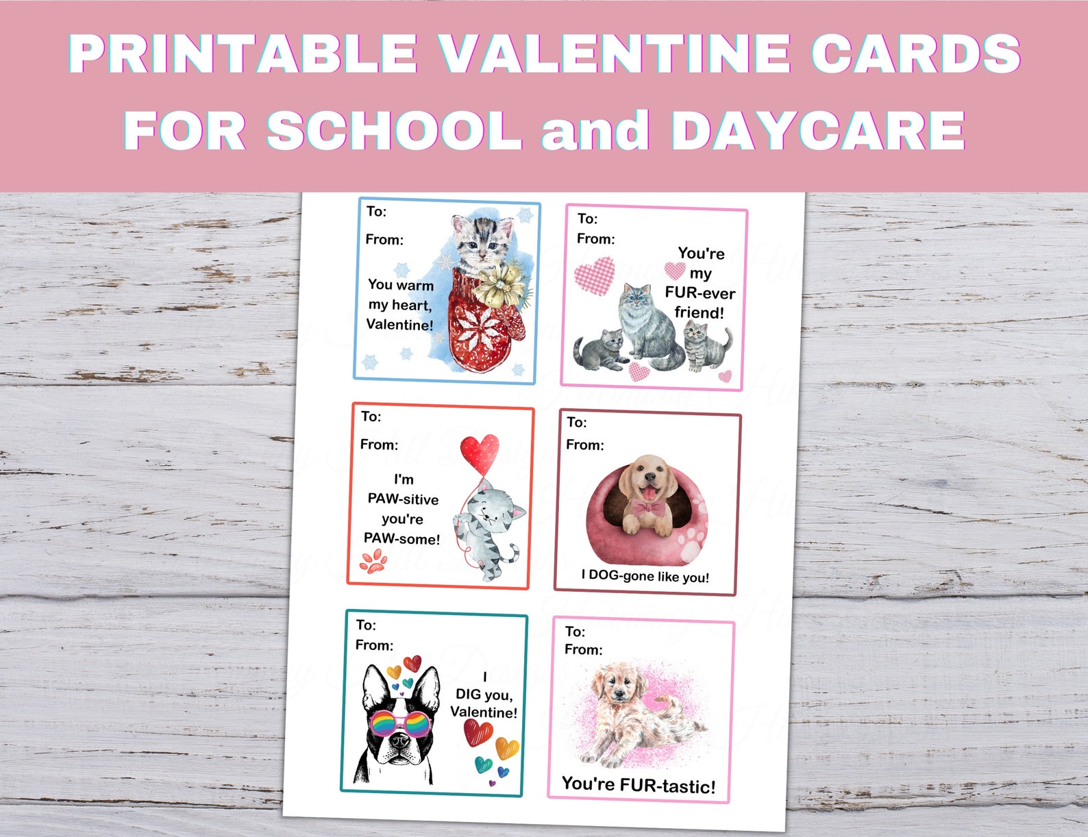 Dog Cat Valentine's Day Cards for School, Printable Valentine Cards for ...