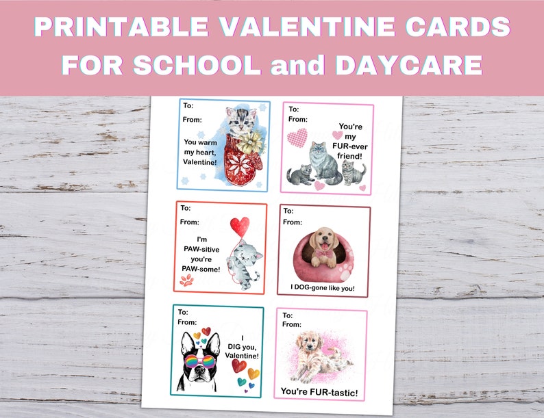 Dog Cat Valentine's Day Cards for School, Printable Valentine Cards for ...