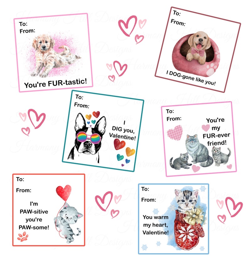 Dog Cat Valentine's Day Cards for School, Printable Valentine Cards for ...