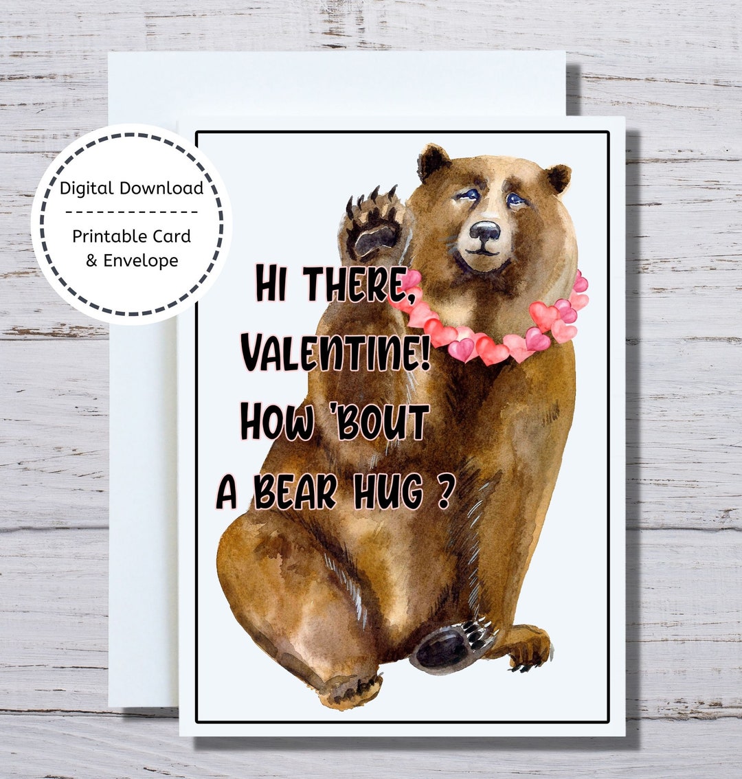 Bear Hug Valentine, Bear Valentine Card, 5x7 Printable Card, Printable ...