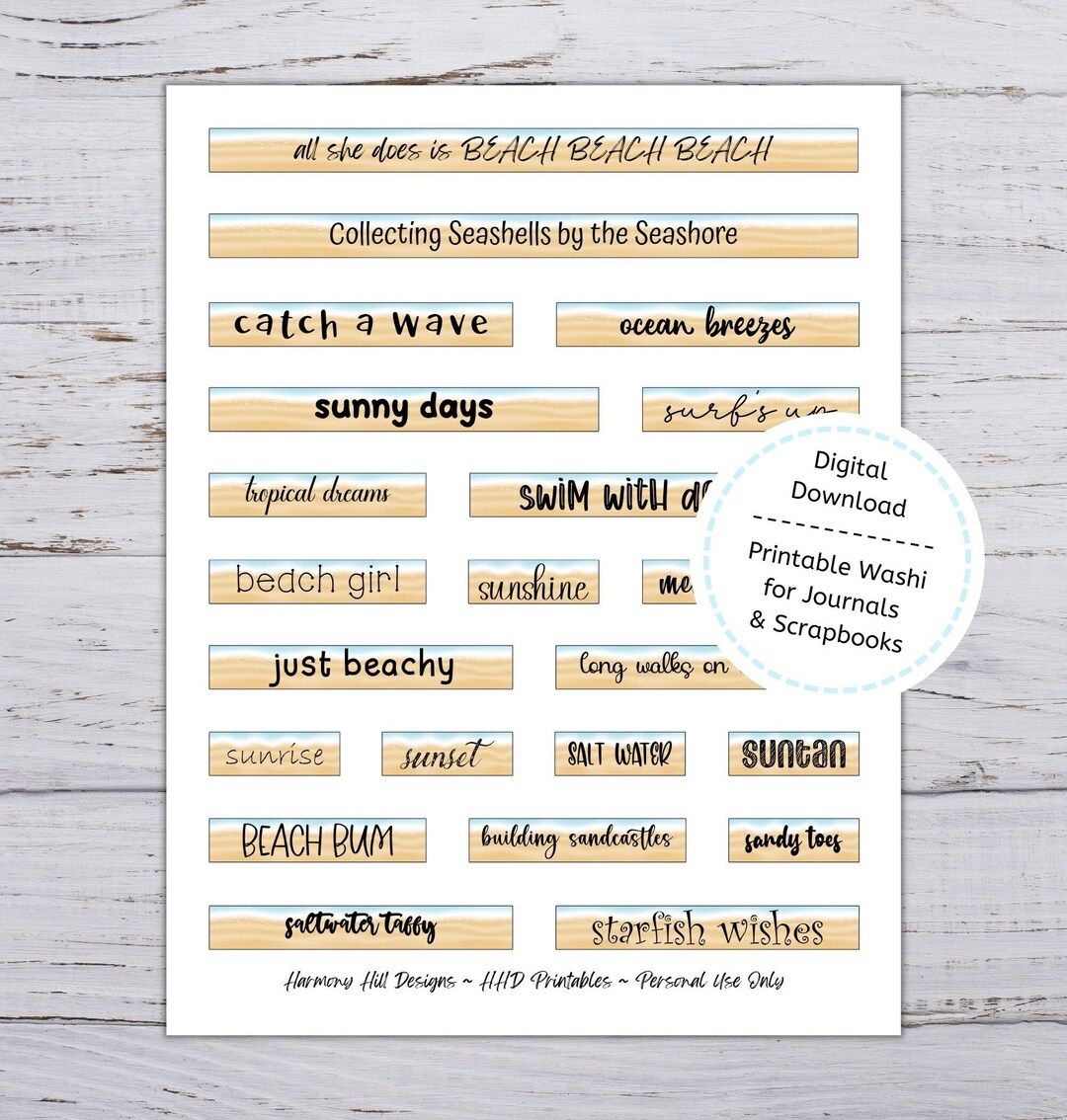 Beach Washi, Beach Junk Journal Words, Printable Washi Strips, Beachy ...