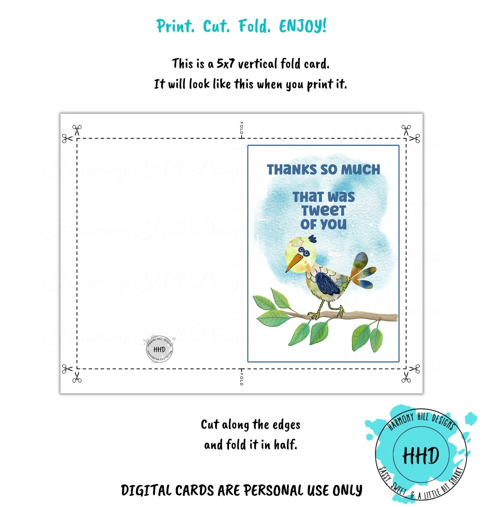 Thank You Card, Printable Thank You Card, Bird Thanks Card, Bird Tweet ...