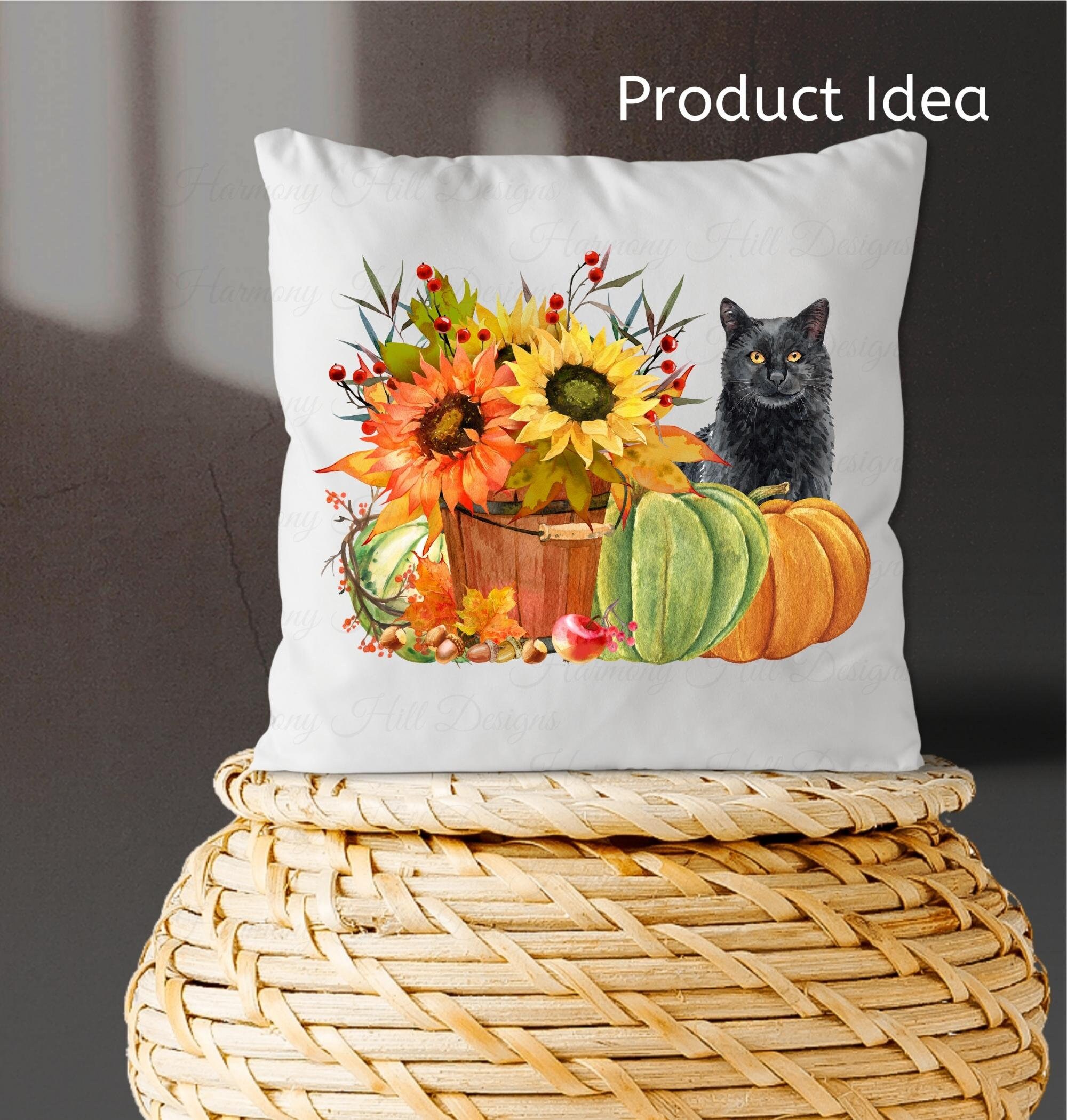 Fall Cat Decor, Pumpkin Sunflower Decor, Fall Cat Wall Art, Pumpkins ...