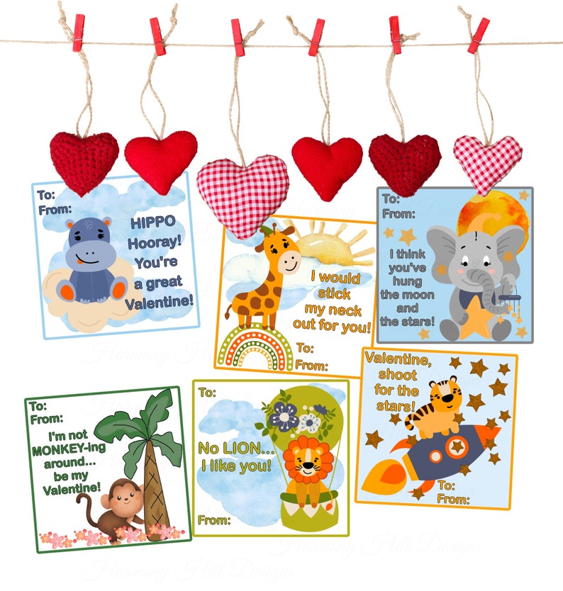 Jungle Valentine Cards, Kids Jungle Animals Valentines, Printable ...