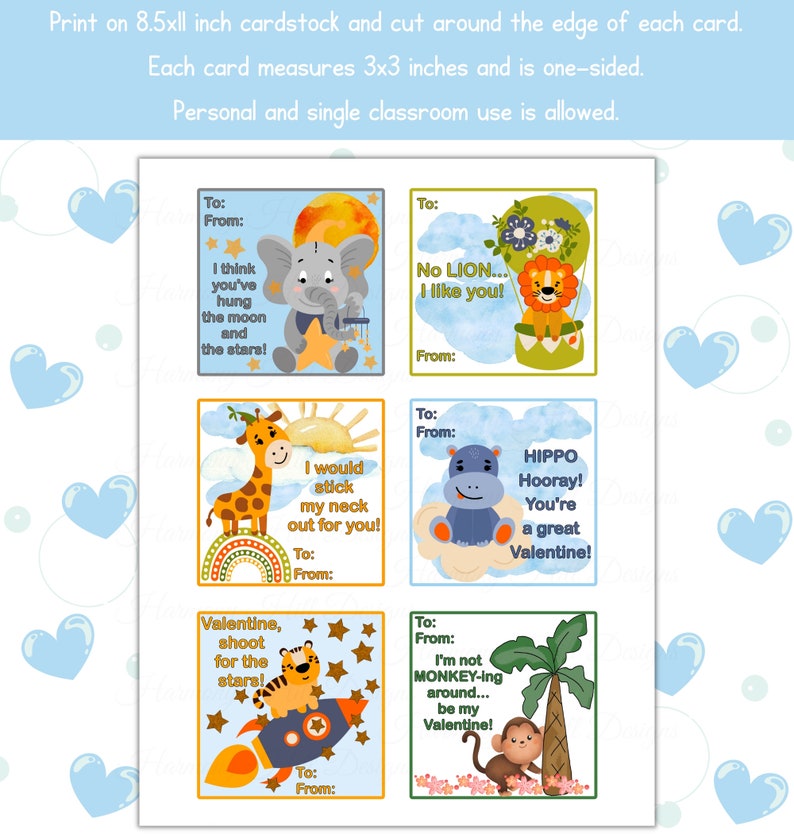 Jungle Valentine Cards, Kids Jungle Animals Valentines, Printable ...