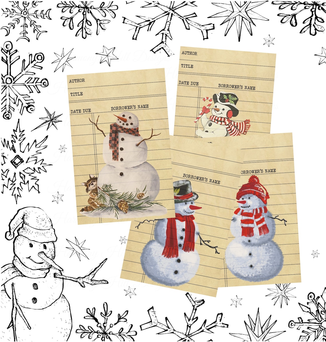 Snowman Library Cards Printable, Retro Snowman Library Cards, Vintage ...