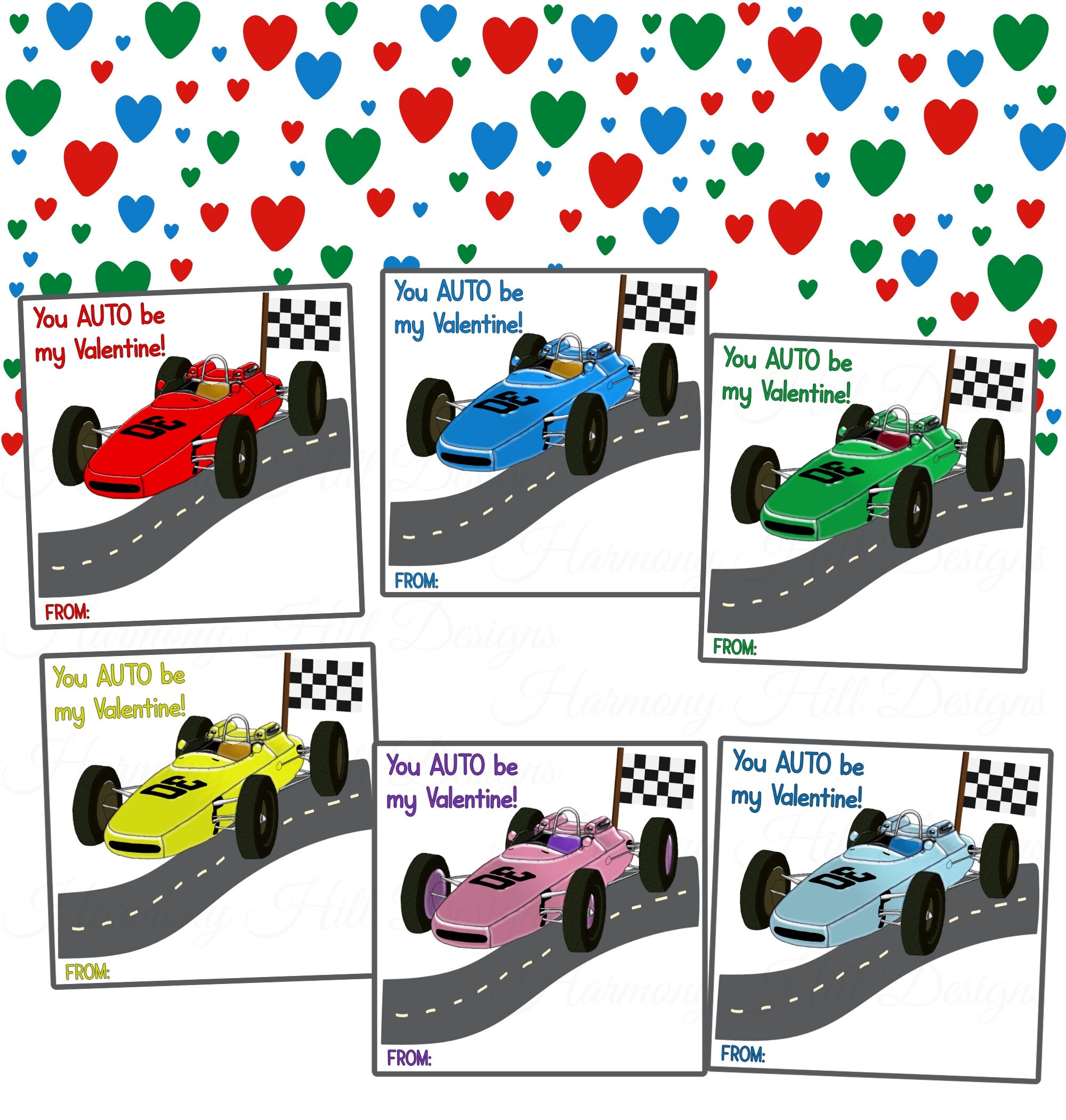 Race Car Valentines, Printable Valentine Cards for School, Classroom ...