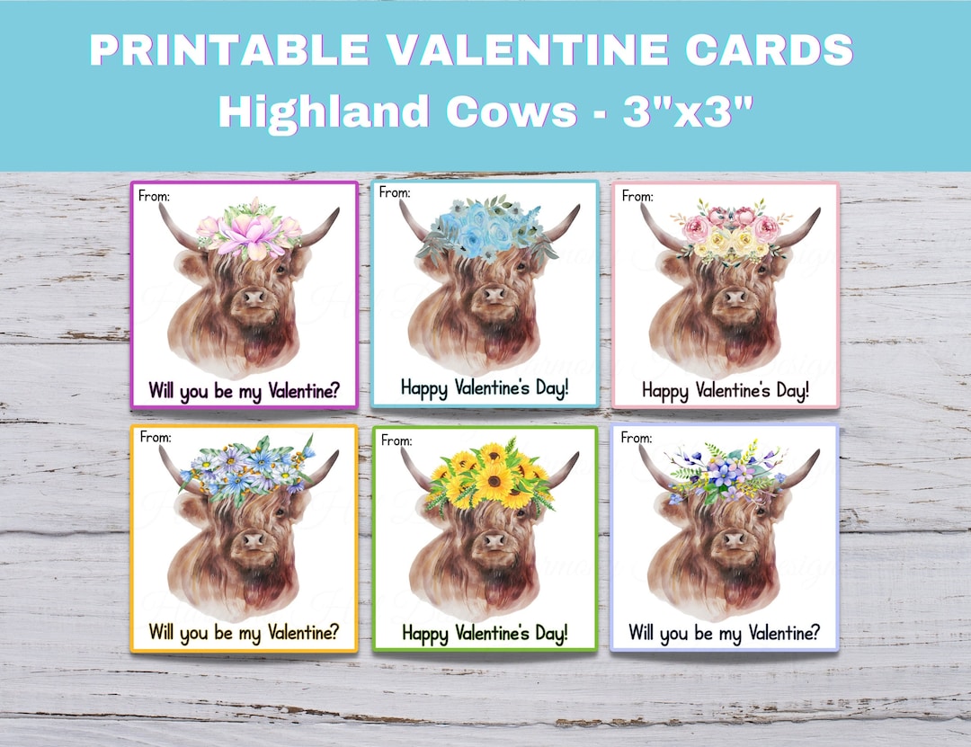 Highland Cow Valentine Cards, Printable Highland Cow Valentines ...