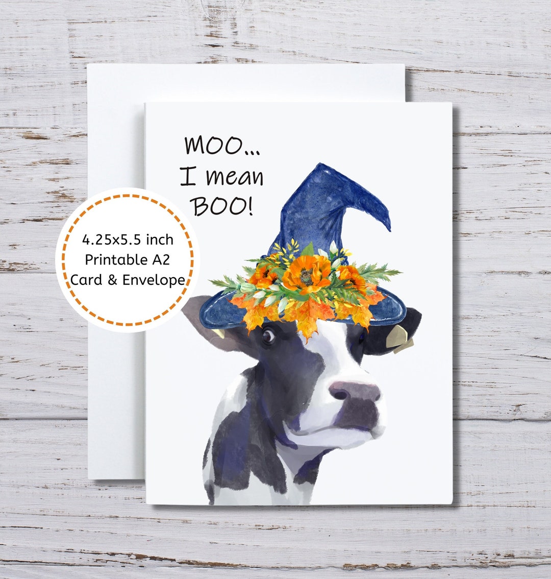 Cow Halloween Card, Moo I Mean Boo, Cow in Witch Hat, Funny Halloween ...