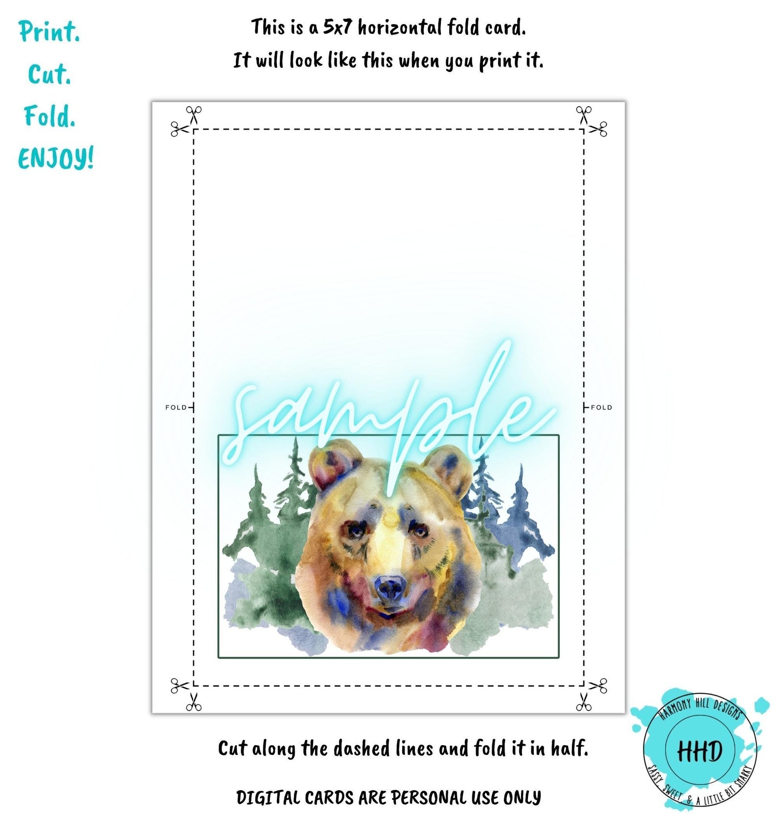 Bear Card, Printable Card, 5x7 Printable Greeting Card, Bear Notecard ...