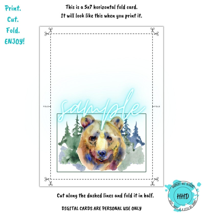 Bear Card, Printable Card, 5x7 Printable Greeting Card, Bear Notecard ...