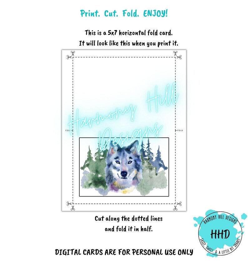 Wolf Card, Printable Card, 5x7 Printable Greeting Card, Wolf Notecard ...