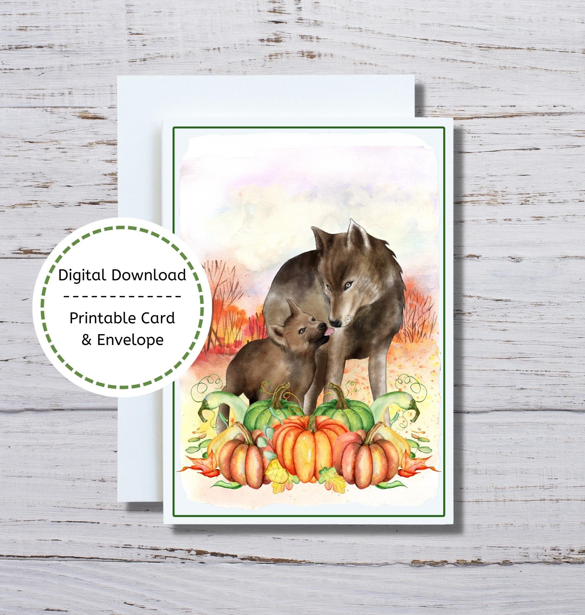 Wolf Mom and Baby Card, Wolf Fall Card, Wolves Printable Card, Wolf ...
