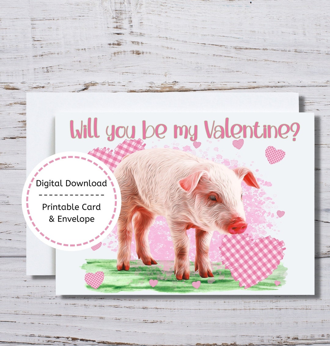 Pig Valentine Card, Pig With Hearts, Pig Card, Valentine Pig, Printable ...