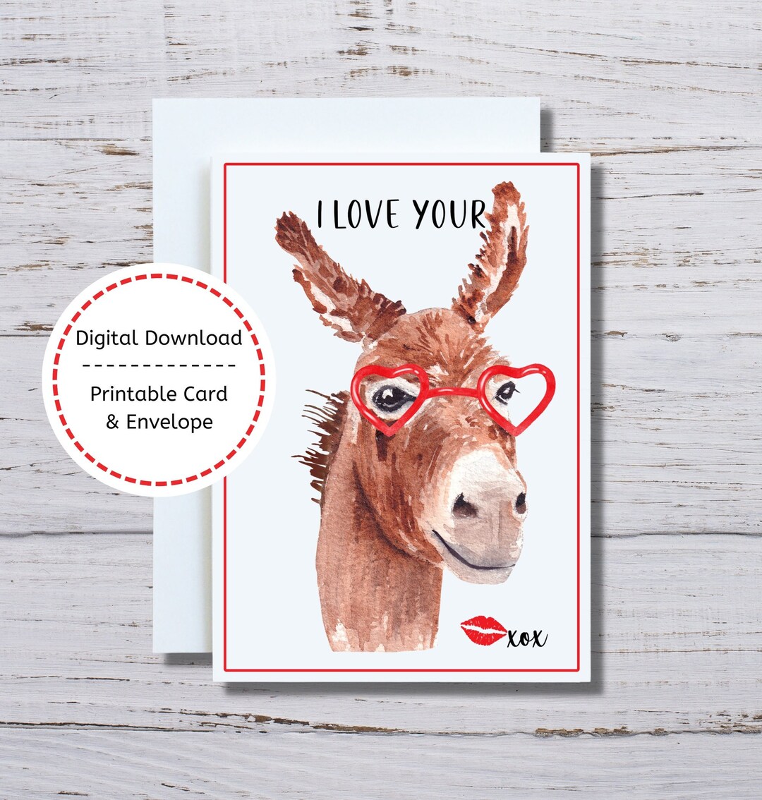 Donkey Valentine Card, Printable Donkey Card, Donkey Love Card, Funny ...