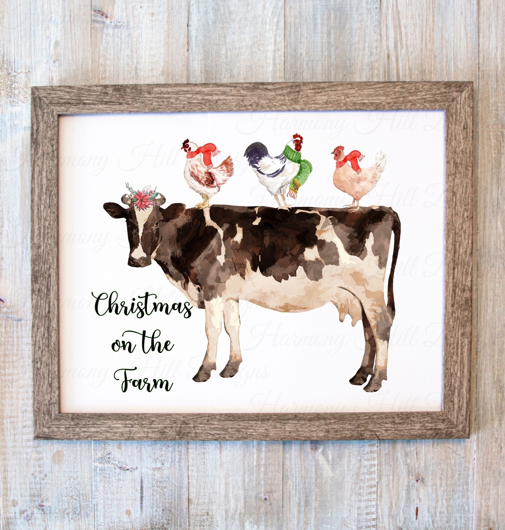 Christmas on the Farm, Christmas Cow and Chickens, Farmhouse Wall Art ...