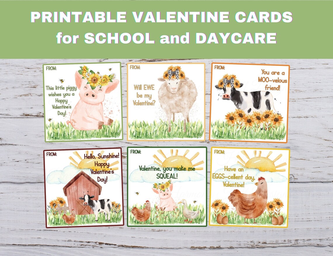 Farm Animals Valentine Cards, Printable Valentine Cards for School ...