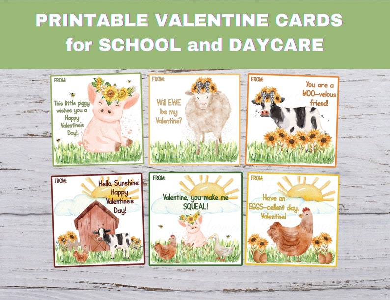 Farm Animals Valentine Cards, Printable Valentine Cards for School ...