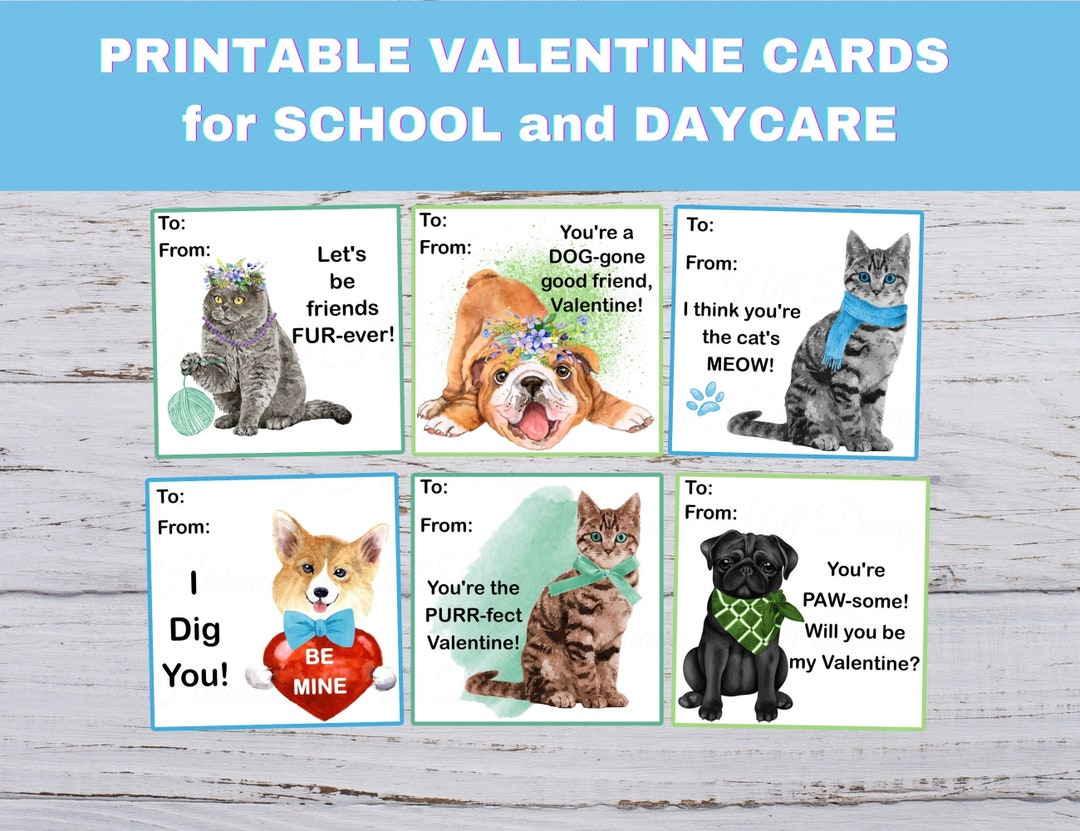 Dogs and Cats Valentine Cards, Printable Pet Valentines, Valentine ...