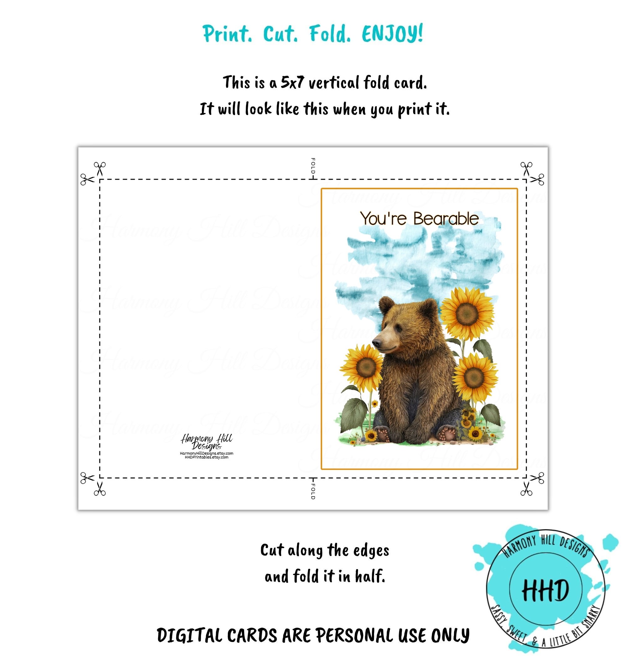 Bear Card, Printable Bear Card, You're Bearable, Cute Bear Card, Brown ...