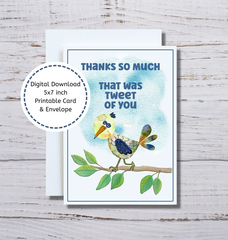 Thank You Card, Printable Thank You Card, Bird Thanks Card, Bird Tweet ...