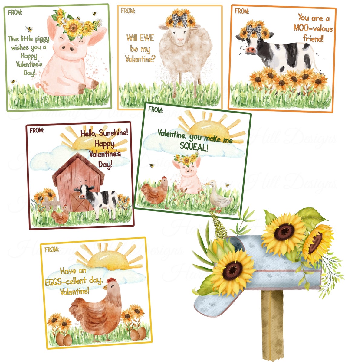 Farm Animals Valentine Cards, Printable Valentine Cards for School ...