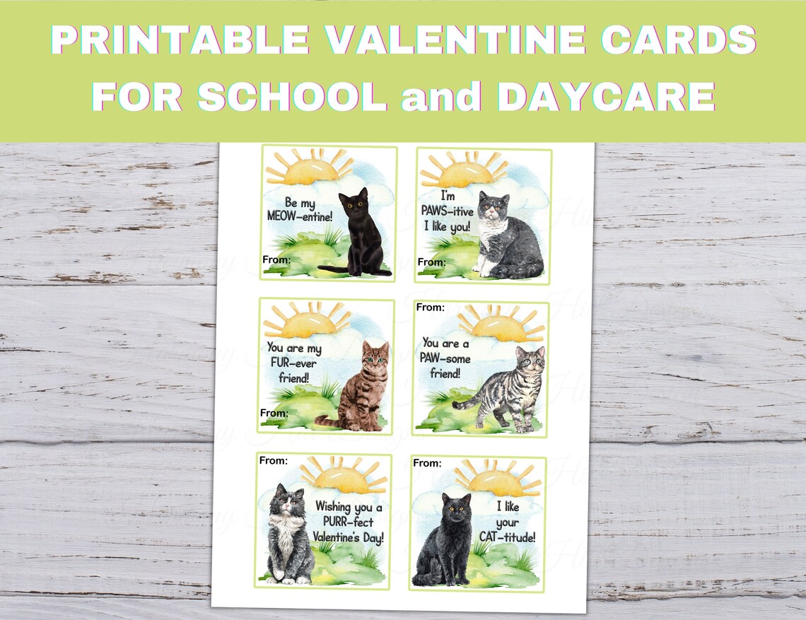 Printable Cat Valentines, Cat Valentine Cards for Kids, Printable ...