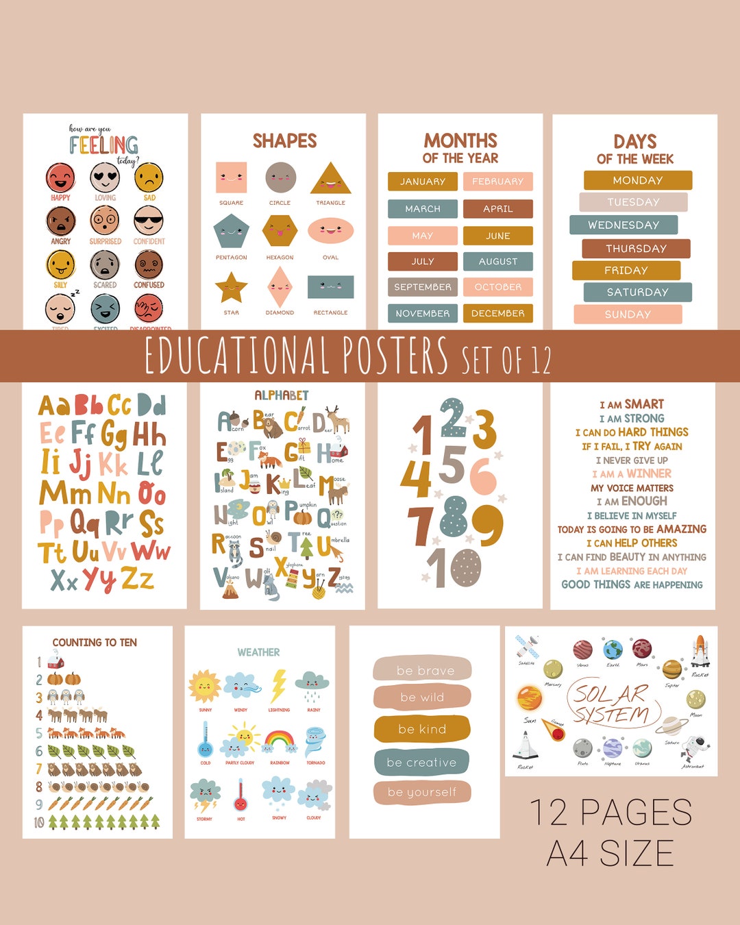 Set of 12 -educational Posters Set for Playroom - Classroom Poster ...