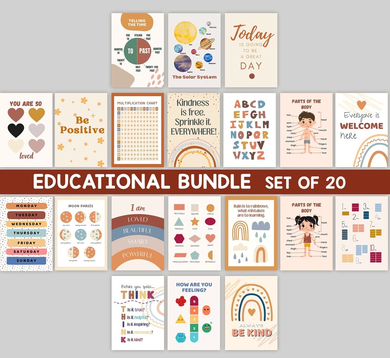 Set of 20 - Boho Educational Posters Set for Playroom - Classroom ...