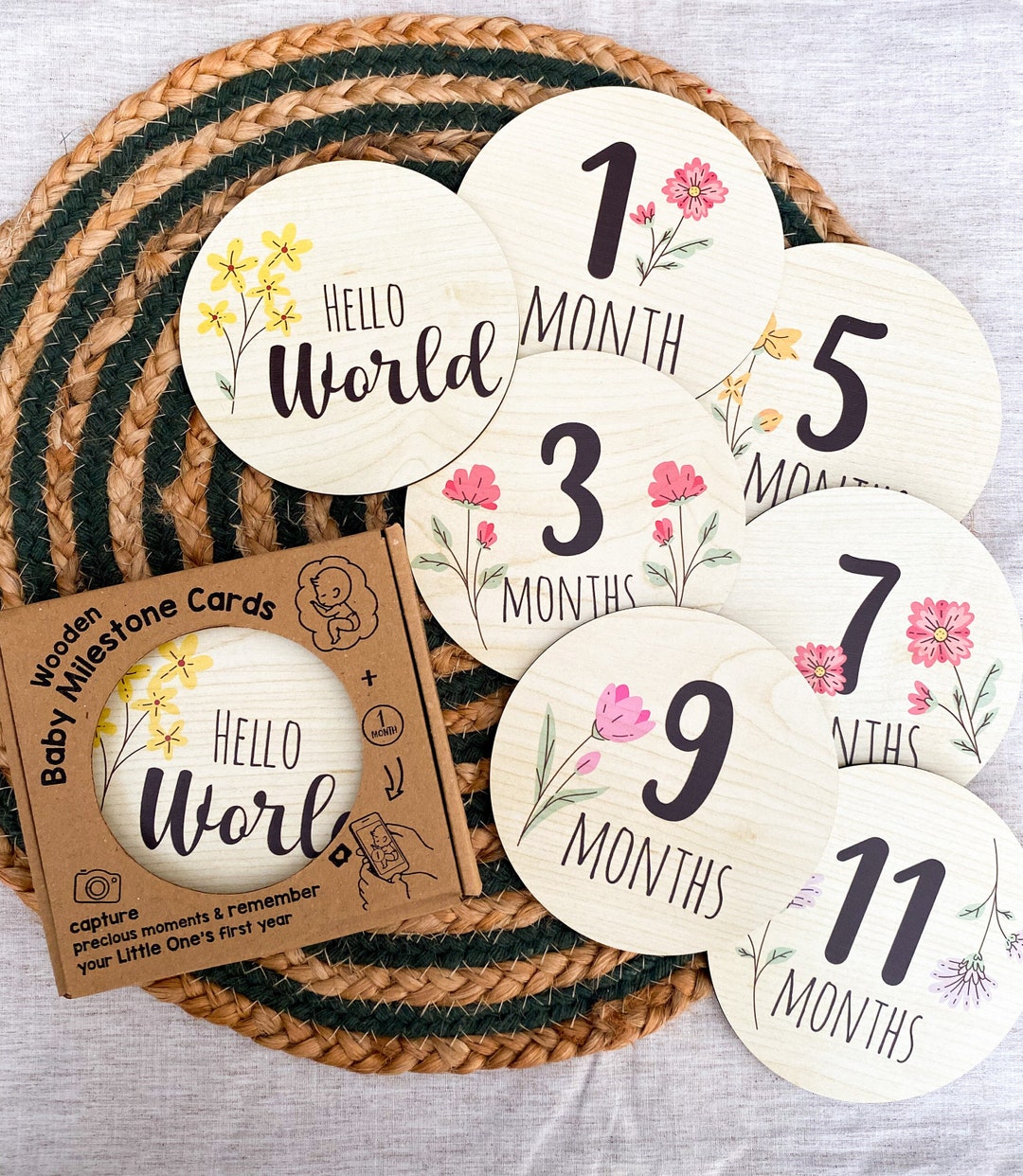 Baby Girl Milestone Cards Floral Baby Wooden Circles - Neutral Newborn ...