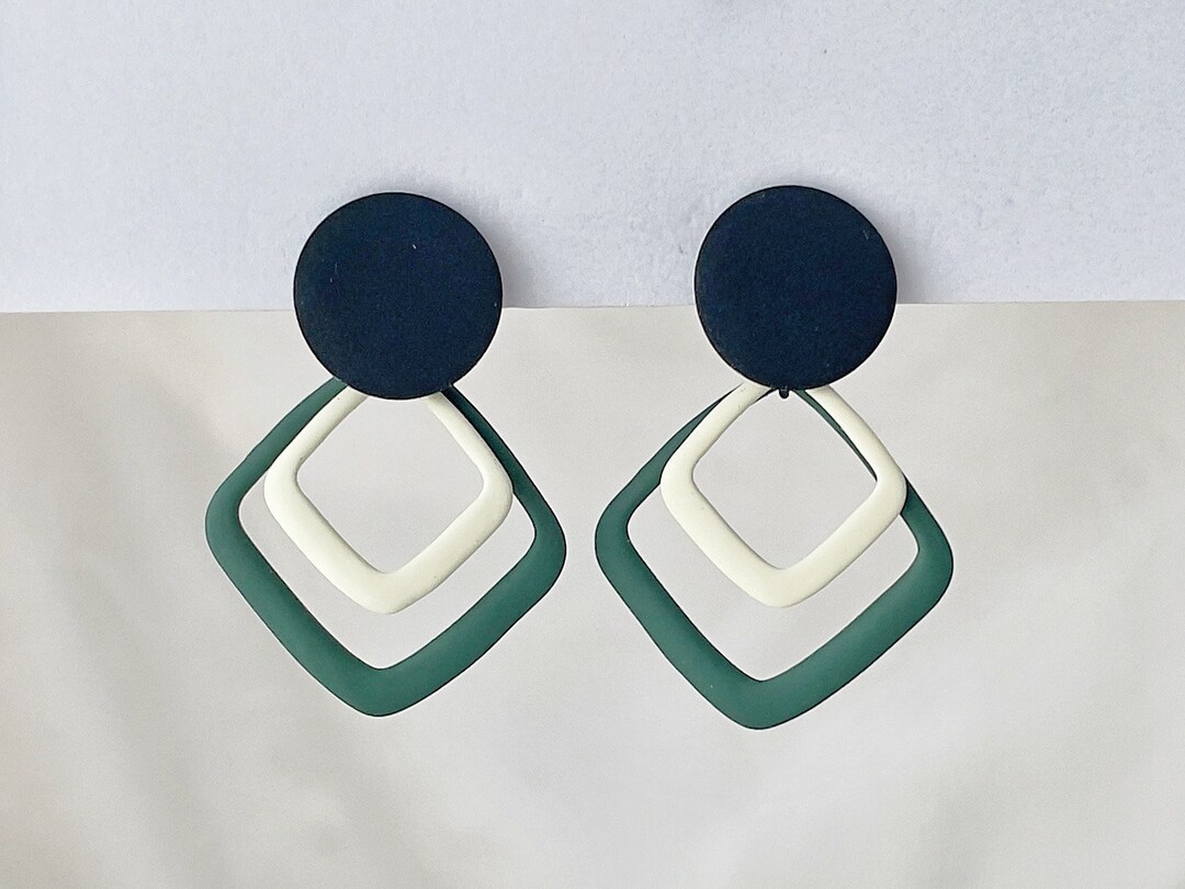Square Hoops Dangle Clip on Earrings, Geometric Matte Green and White ...