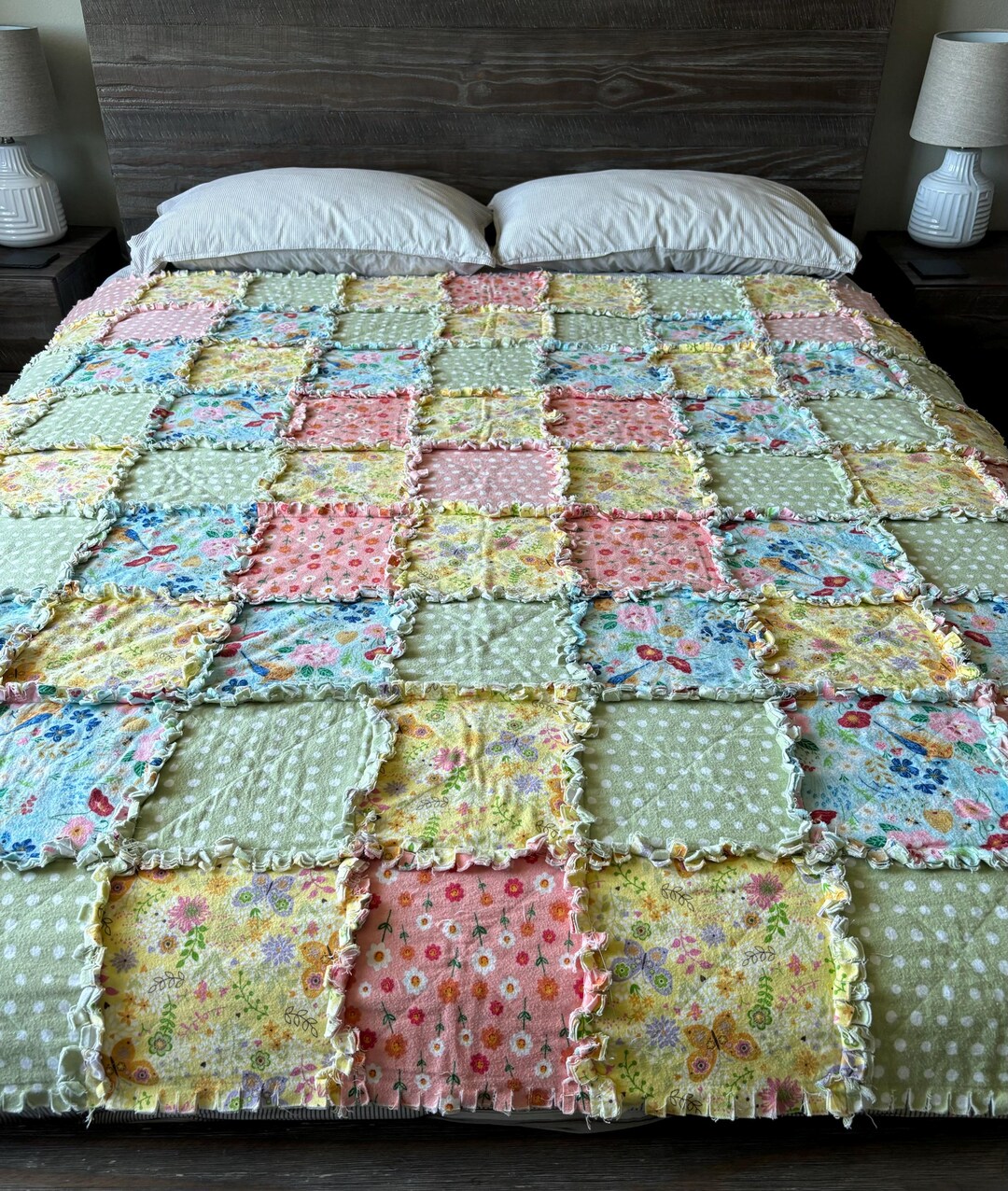 Spring Meadows - Cotton Rag Quilt Blanket - Peach Sage Polka Dot ...