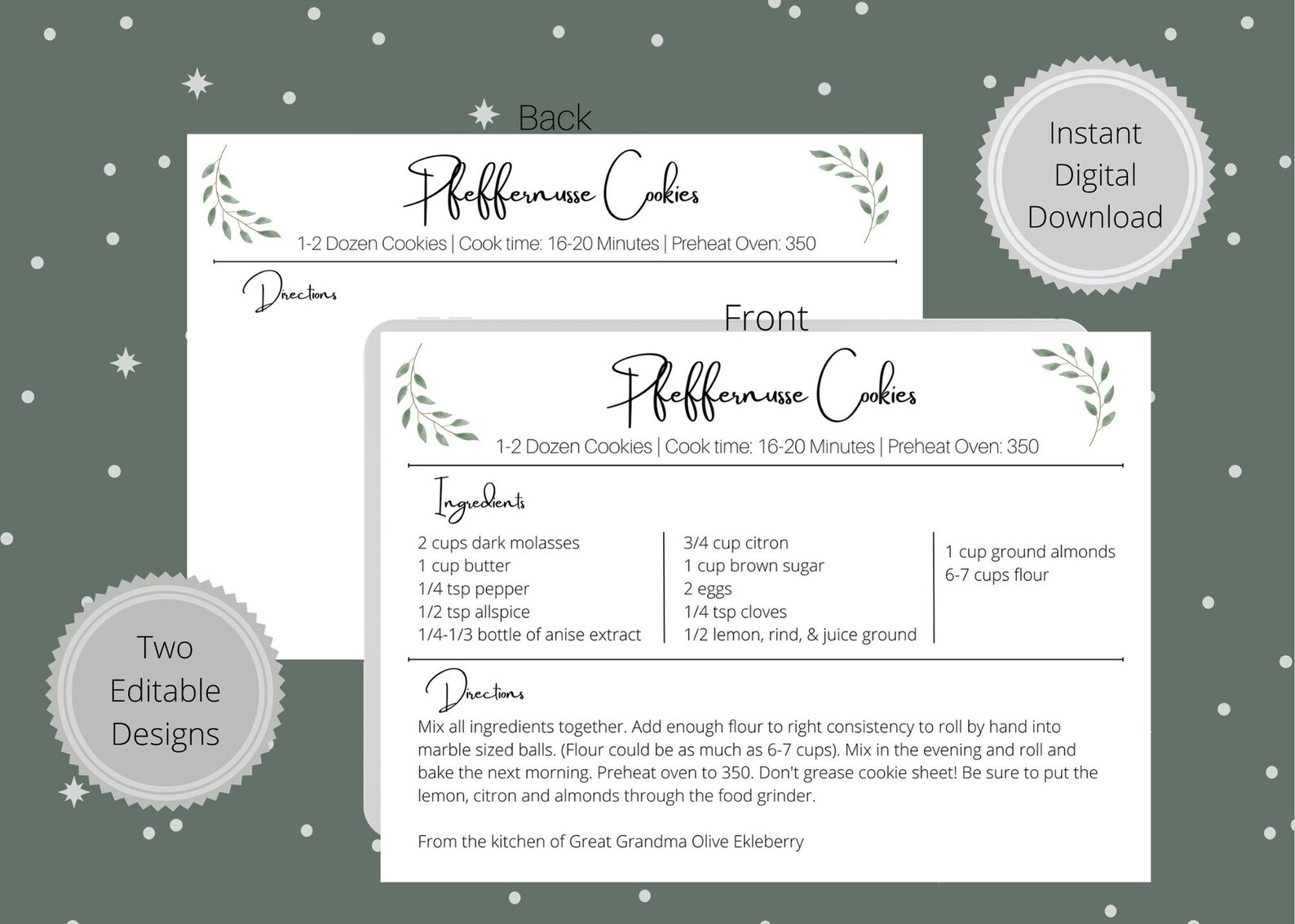 Recipe Card Template, Editable Recipe Card, Personalized 7x5 Recipe ...